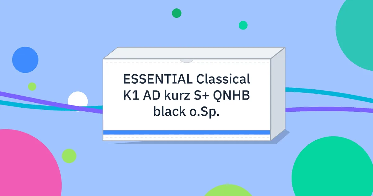 Symbolbild: Packung mit der Aufschrift ESSENTIAL Classical K1 AD kurz S+ QNHB black o.Sp. (PZN 18866125) – Verfügbarkeit und Bezug in Apotheken in Frankfurt am Main