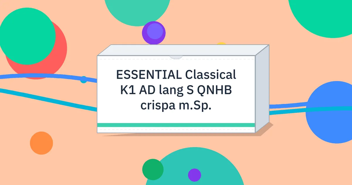 Symbolbild: Packung mit der Aufschrift ESSENTIAL Classical K1 AD lang S QNHB crispa m.Sp. (PZN 18866958) – Verfügbarkeit und Bezug in Apotheken in Frankfurt am Main