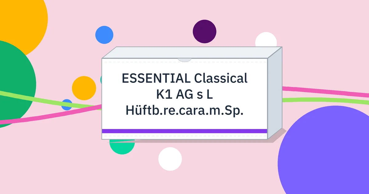 Symbolbild: Packung mit der Aufschrift ESSENTIAL Classical K1 AG s L Hüftb.re.cara.m.Sp. (PZN 17011841) – Verfügbarkeit und Bezug in Apotheken in Frankfurt am Main