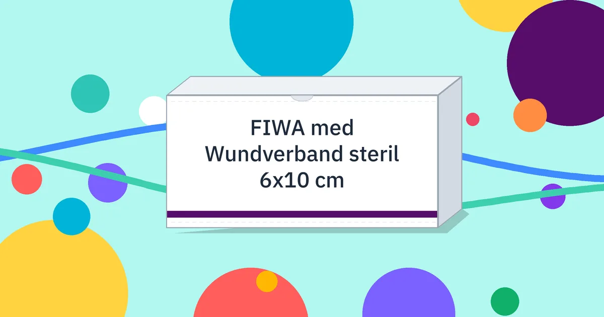 Symbolbild: Packung mit der Aufschrift FIWA med Wundverband steril 6x10 cm (PZN 19813266) – Verfügbarkeit und Bezug in Apotheken in Frankfurt am Main
