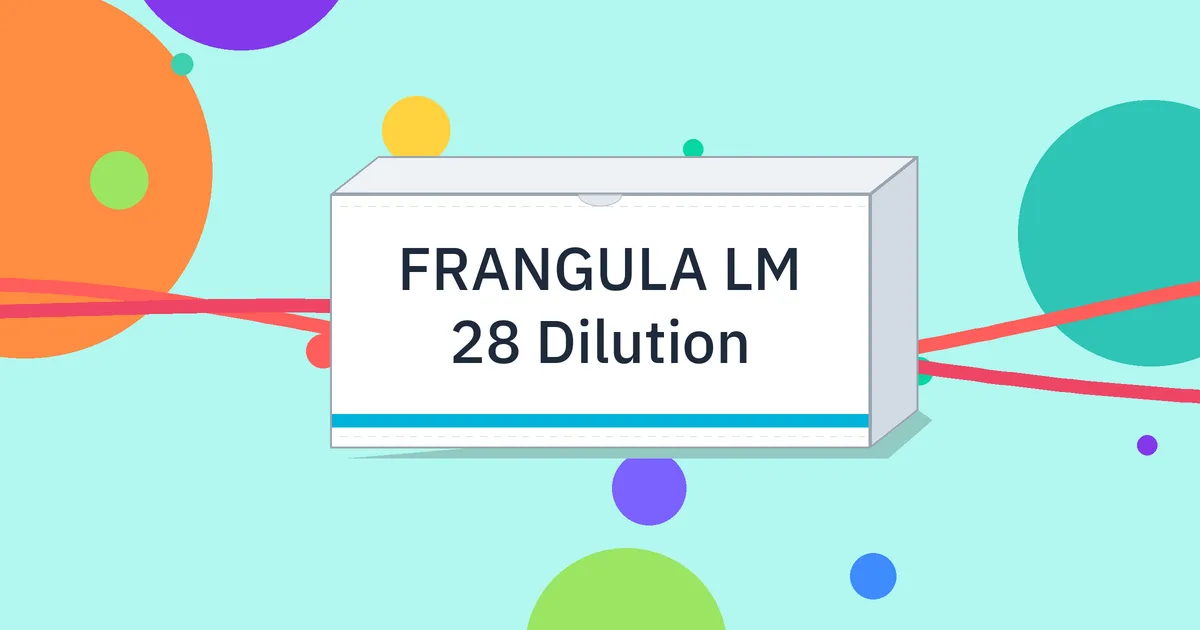 Symbolbild: Packung mit der Aufschrift FRANGULA LM 28 Dilution (PZN 12874603) – Verfügbarkeit und Bezug in Apotheken in Frankfurt am Main