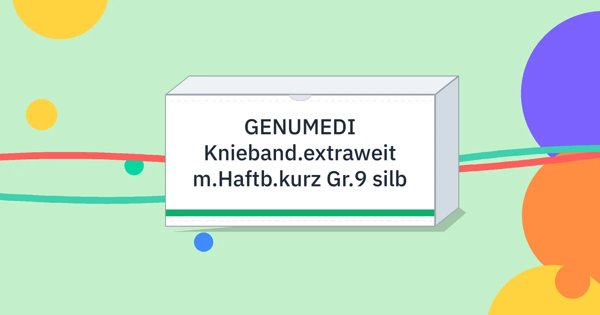 Symbolbild: Packung mit der Aufschrift GENUMEDI Knieband.extraweit m.Haftb.kurz Gr.9 silb (PZN 19886288) – Verfügbarkeit und Bezug in Apotheken in Frankfurt am Main