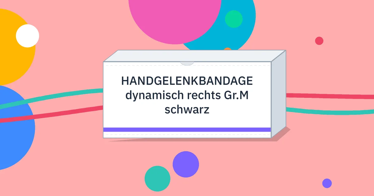 Symbolbild: Packung mit der Aufschrift HANDGELENKBANDAGE dynamisch rechts Gr.M schwarz (PZN 13827296) – Verfügbarkeit und Bezug in Apotheken in Frankfurt am Main