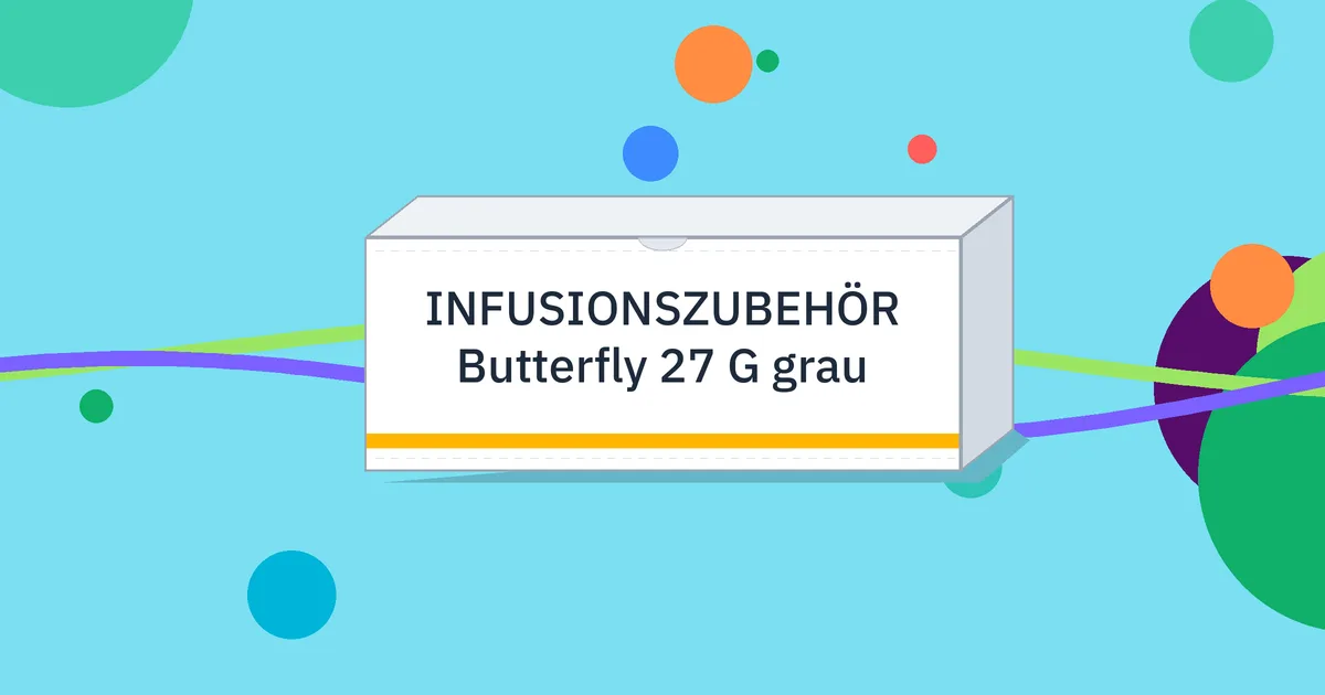 Symbolbild: Packung mit der Aufschrift INFUSIONSZUBEHÖR Butterfly 27 G grau (PZN 06837578) – Verfügbarkeit und Bezug in Apotheken in Frankfurt am Main