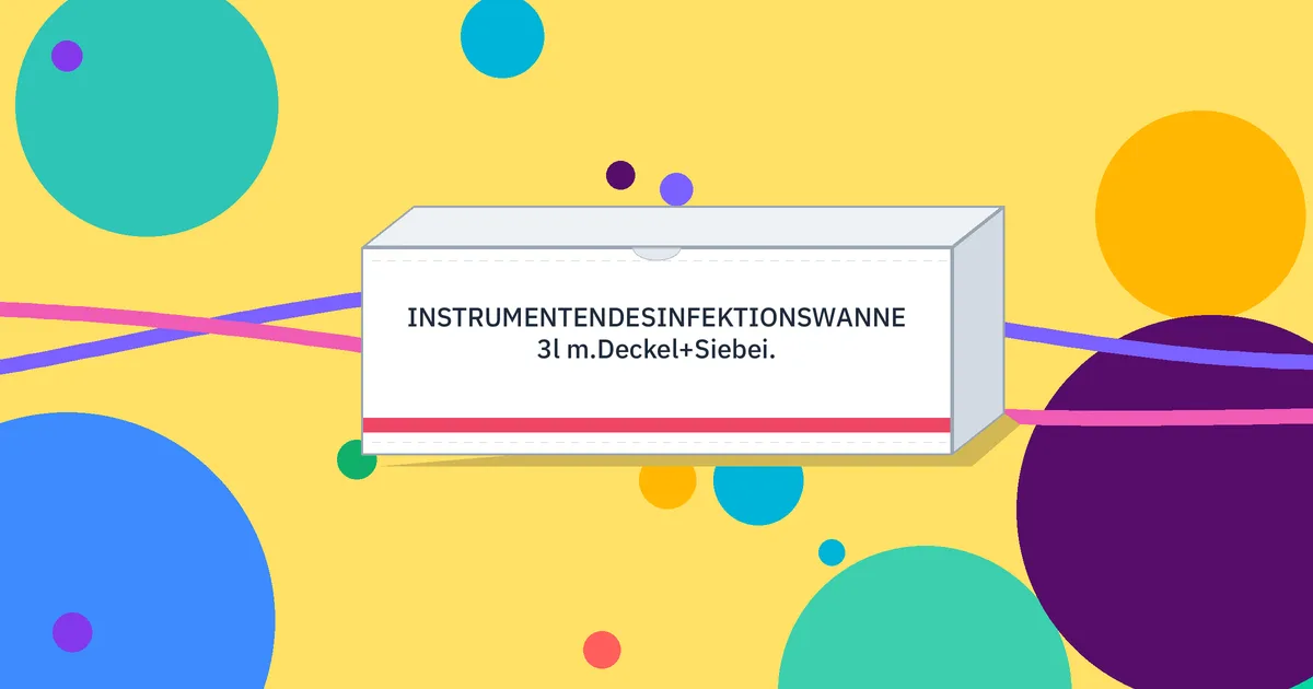 Symbolbild: Packung mit der Aufschrift INSTRUMENTENDESINFEKTIONSWANNE 3l m.Deckel+Siebei. (PZN 09729151) – Verfügbarkeit und Bezug in Apotheken in Frankfurt am Main