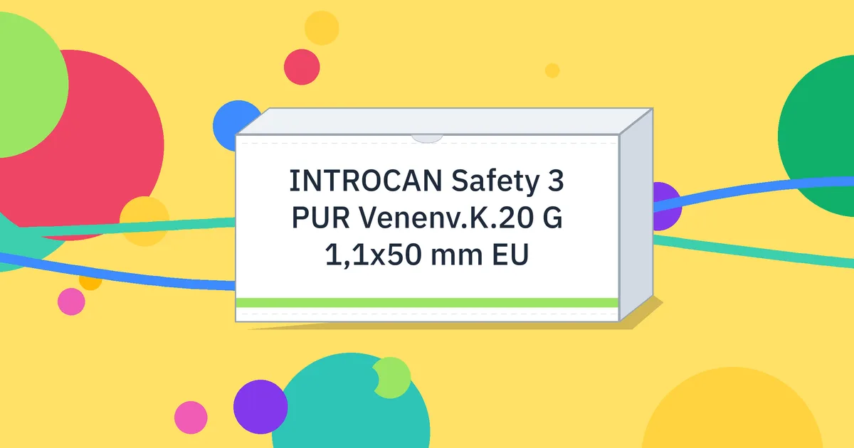 Symbolbild: Packung mit der Aufschrift INTROCAN Safety 3 PUR Venenv.K.20 G 1,1x50 mm EU (PZN 20345178) – Verfügbarkeit und Bezug in Apotheken in Frankfurt am Main