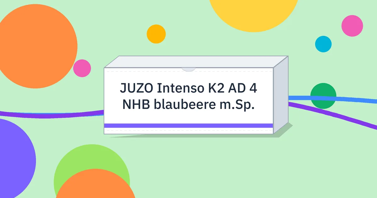 Symbolbild: Packung mit der Aufschrift JUZO Intenso K2 AD 4 NHB blaubeere m.Sp. (PZN 18609865) – Verfügbarkeit und Bezug in Apotheken in Frankfurt am Main