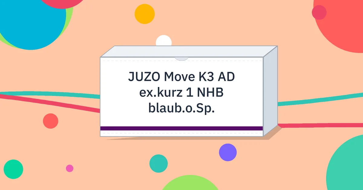 Symbolbild: Packung mit der Aufschrift JUZO Move K3 AD ex.kurz 1 NHB blaub.o.Sp. (PZN 18573995) – Verfügbarkeit und Bezug in Apotheken in Frankfurt am Main