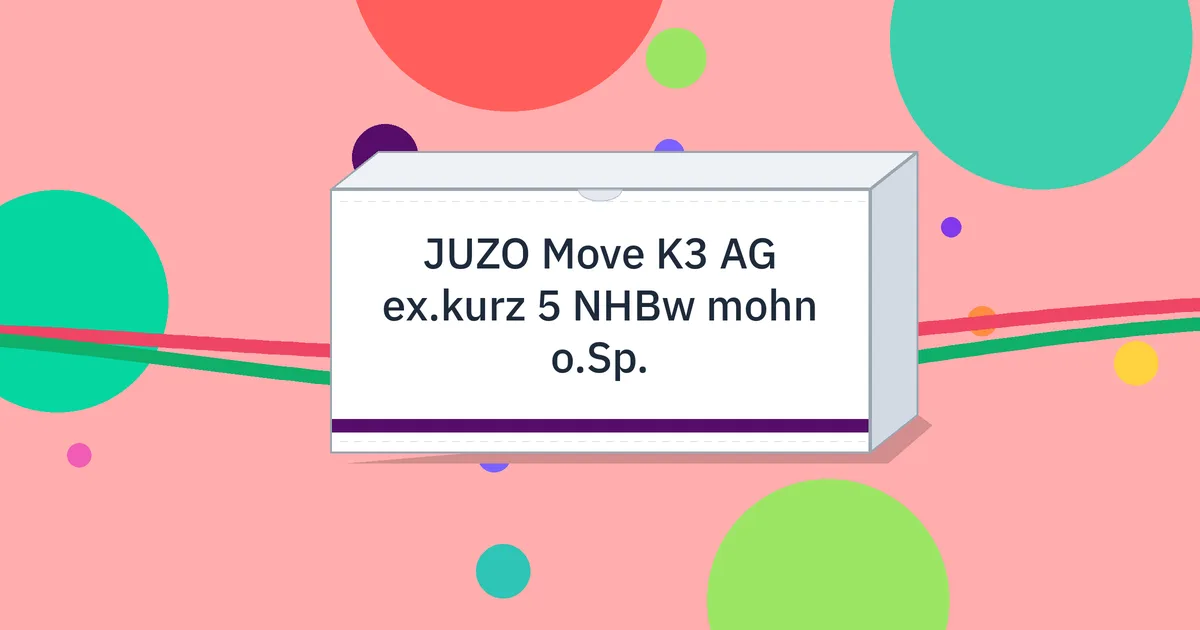 Symbolbild: Packung mit der Aufschrift JUZO Move K3 AG ex.kurz 5 NHBw mohn o.Sp. (PZN 18596358) – Verfügbarkeit und Bezug in Apotheken in Frankfurt am Main