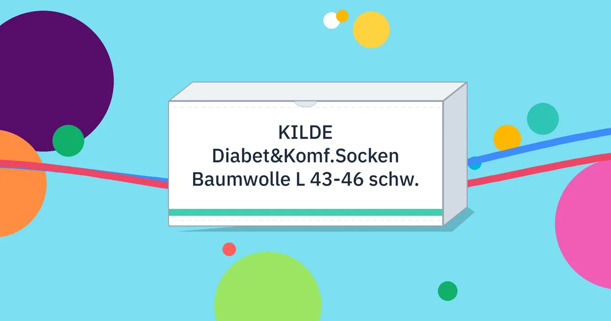 Symbolbild: Packung mit der Aufschrift KILDE Diabet&Komf.Socken Baumwolle L 43-46 schw. (PZN 20798069) – Verfügbarkeit und Bezug in Apotheken in Frankfurt am Main