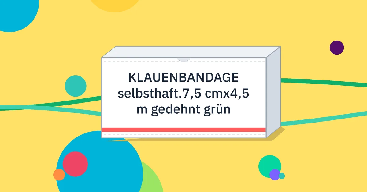 Symbolbild: Packung mit der Aufschrift KLAUENBANDAGE selbsthaft.7,5 cmx4,5 m gedehnt grün (PZN 15658308) – Verfügbarkeit und Bezug in Apotheken in Frankfurt am Main