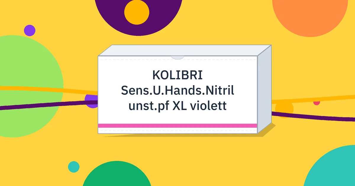 Symbolbild: Packung mit der Aufschrift KOLIBRI Sens.U.Hands.Nitril unst.pf XL violett (PZN 19507227) – Verfügbarkeit und Bezug in Apotheken in Frankfurt am Main