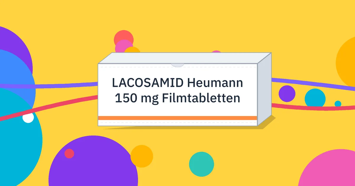 Symbolbild: Packung mit der Aufschrift LACOSAMID Heumann 150 mg Filmtabletten (PZN 16357922) – Verfügbarkeit und Bezug in Apotheken in Frankfurt am Main