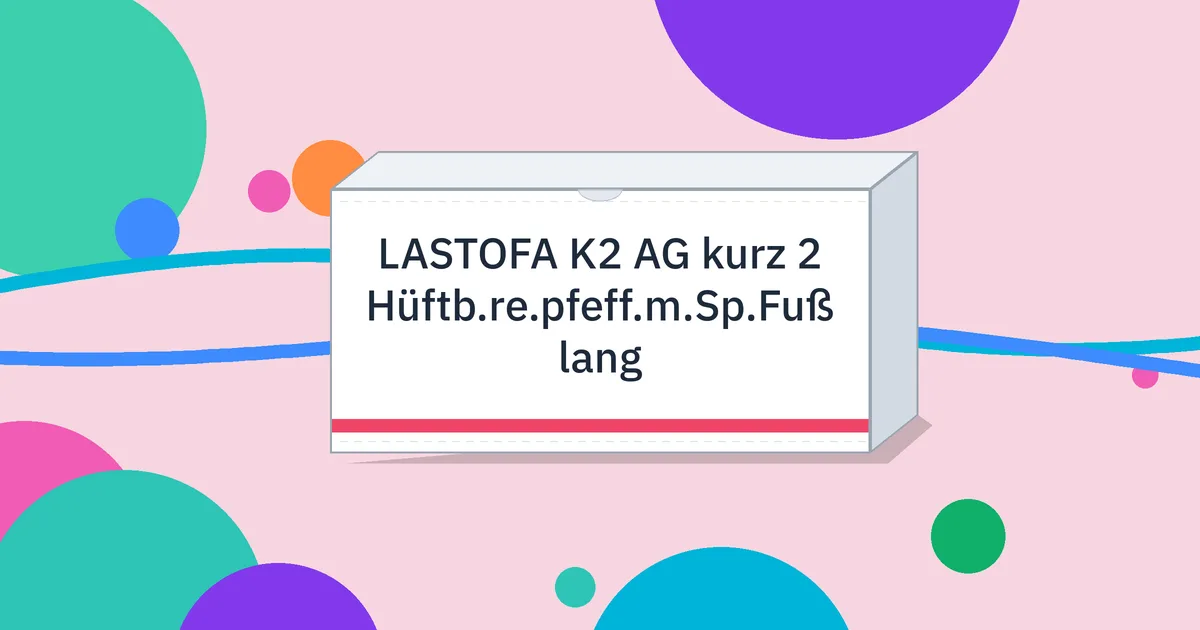 Symbolbild: Packung mit der Aufschrift LASTOFA K2 AG kurz 2 Hüftb.re.pfeff.m.Sp.Fuß lang (PZN 13811065) – Verfügbarkeit und Bezug in Apotheken in Frankfurt am Main