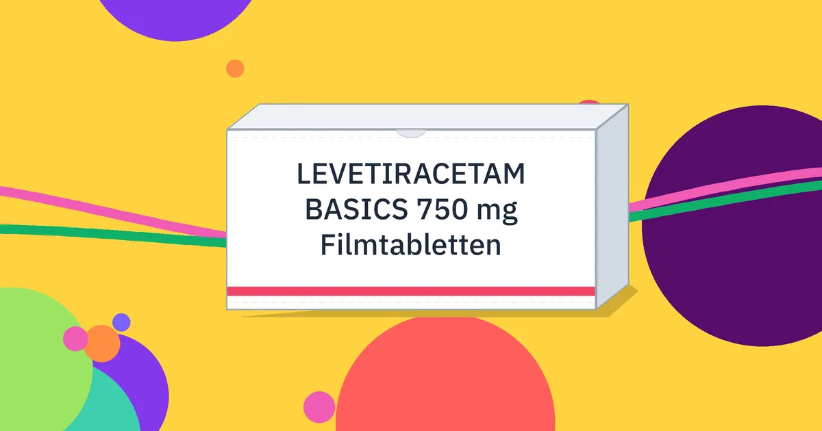 Symbolbild: Packung mit der Aufschrift LEVETIRACETAM BASICS 750 mg Filmtabletten (PZN 09482957) – Verfügbarkeit und Bezug in Apotheken in Frankfurt am Main