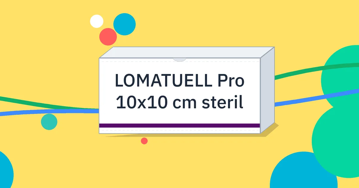 Symbolbild: Packung mit der Aufschrift LOMATUELL Pro 10x10 cm steril (PZN 15660280) – Verfügbarkeit und Bezug in Apotheken in Frankfurt am Main