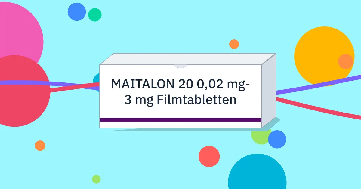 Symbolbild: Packung mit der Aufschrift MAITALON 20 0,02 mg-3 mg Filmtabletten (PZN 09648470) – Verfügbarkeit und Bezug in Apotheken in Frankfurt am Main