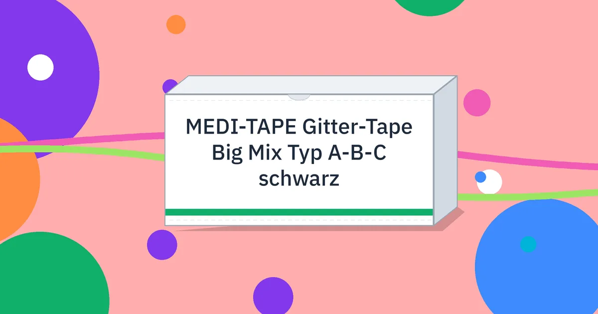 Symbolbild: Packung mit der Aufschrift MEDI-TAPE Gitter-Tape Big Mix Typ A-B-C schwarz (PZN 16043218) – Verfügbarkeit und Bezug in Apotheken in Frankfurt am Main