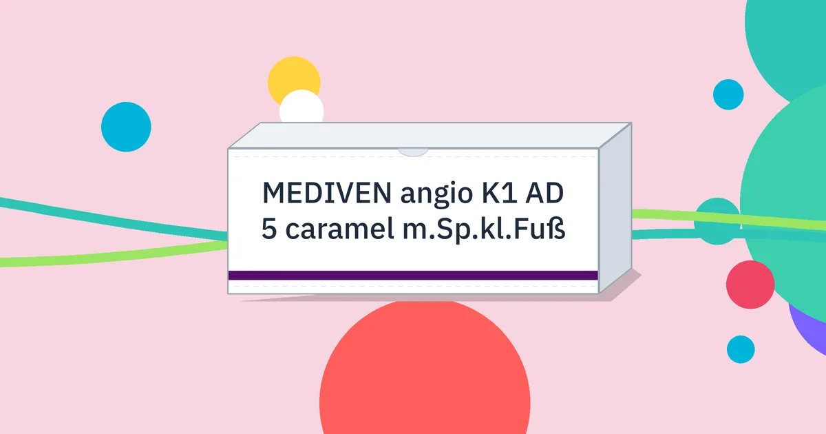 Symbolbild: Packung mit der Aufschrift MEDIVEN angio K1 AD 5 caramel m.Sp.kl.Fuß (PZN 17209974) – Verfügbarkeit und Bezug in Apotheken in Frankfurt am Main