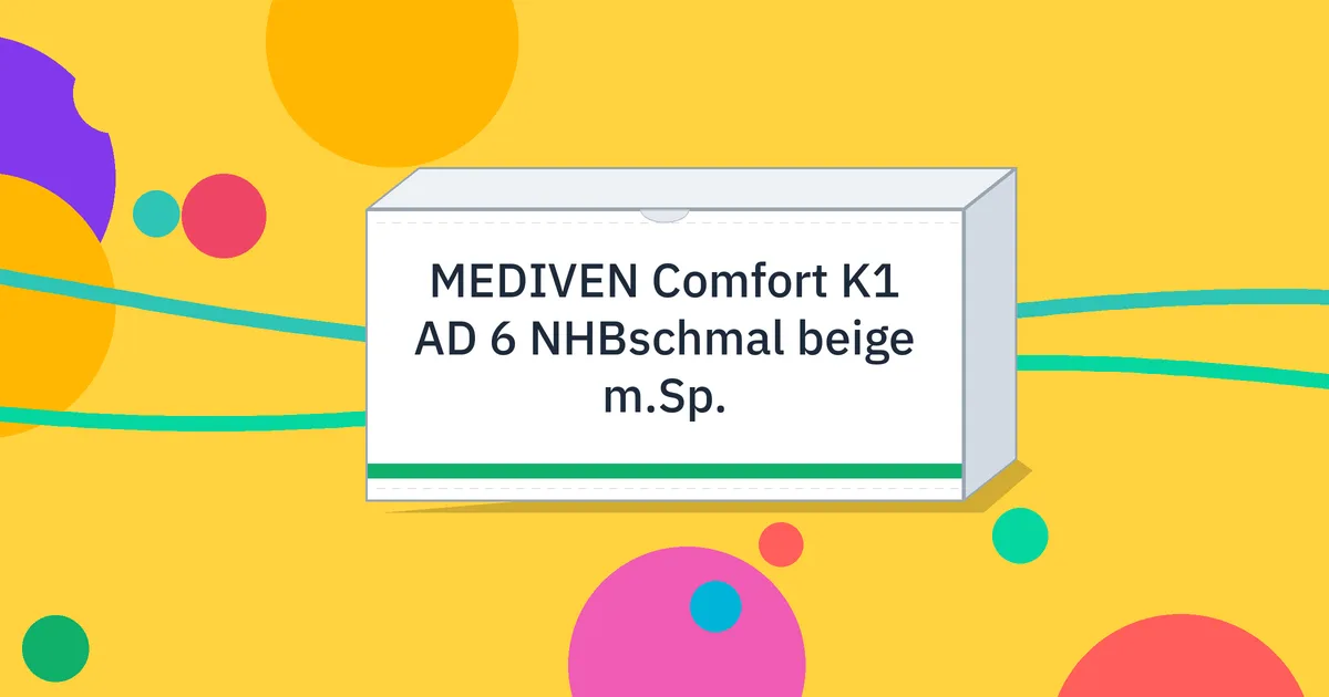Symbolbild: Packung mit der Aufschrift MEDIVEN Comfort K1 AD 6 NHBschmal beige m.Sp. (PZN 14562032) – Verfügbarkeit und Bezug in Apotheken in Frankfurt am Main