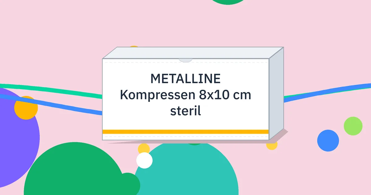 Symbolbild: Packung mit der Aufschrift METALLINE Kompressen 8x10 cm steril (PZN 18437714) – Verfügbarkeit und Bezug in Apotheken in Frankfurt am Main