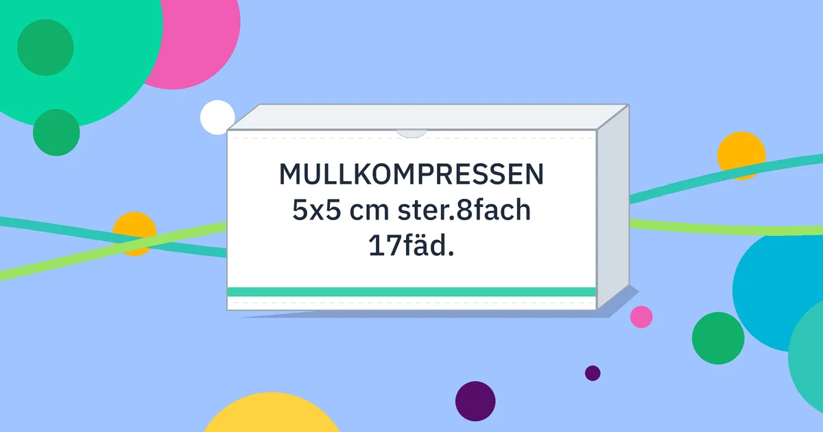 Symbolbild: Packung mit der Aufschrift MULLKOMPRESSEN 5x5 cm ster.8fach 17fäd. (PZN 06929085) – Verfügbarkeit und Bezug in Apotheken in Frankfurt am Main