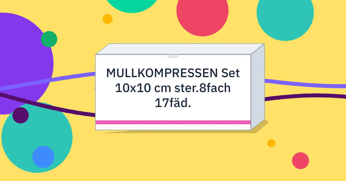 Symbolbild: Packung mit der Aufschrift MULLKOMPRESSEN Set 10x10 cm ster.8fach 17fäd. (PZN 06929458) – Verfügbarkeit und Bezug in Apotheken in Frankfurt am Main