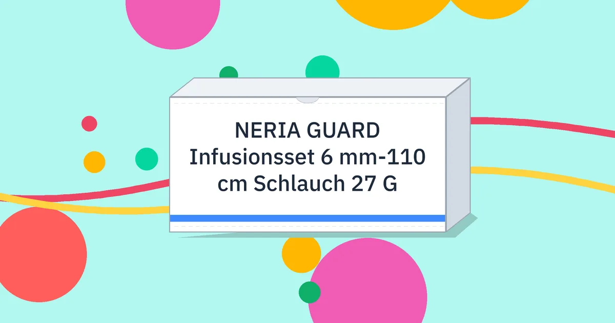 Symbolbild: Packung mit der Aufschrift NERIA GUARD Infusionsset 6 mm-110 cm Schlauch 27 G (PZN 19365158) – Verfügbarkeit und Bezug in Apotheken in Frankfurt am Main
