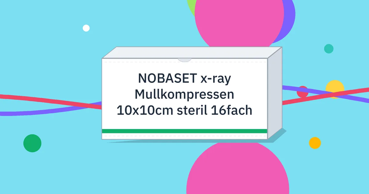 Symbolbild: Packung mit der Aufschrift NOBASET x-ray Mullkompressen 10x10cm steril 16fach (PZN 17587191) – Verfügbarkeit und Bezug in Apotheken in Frankfurt am Main
