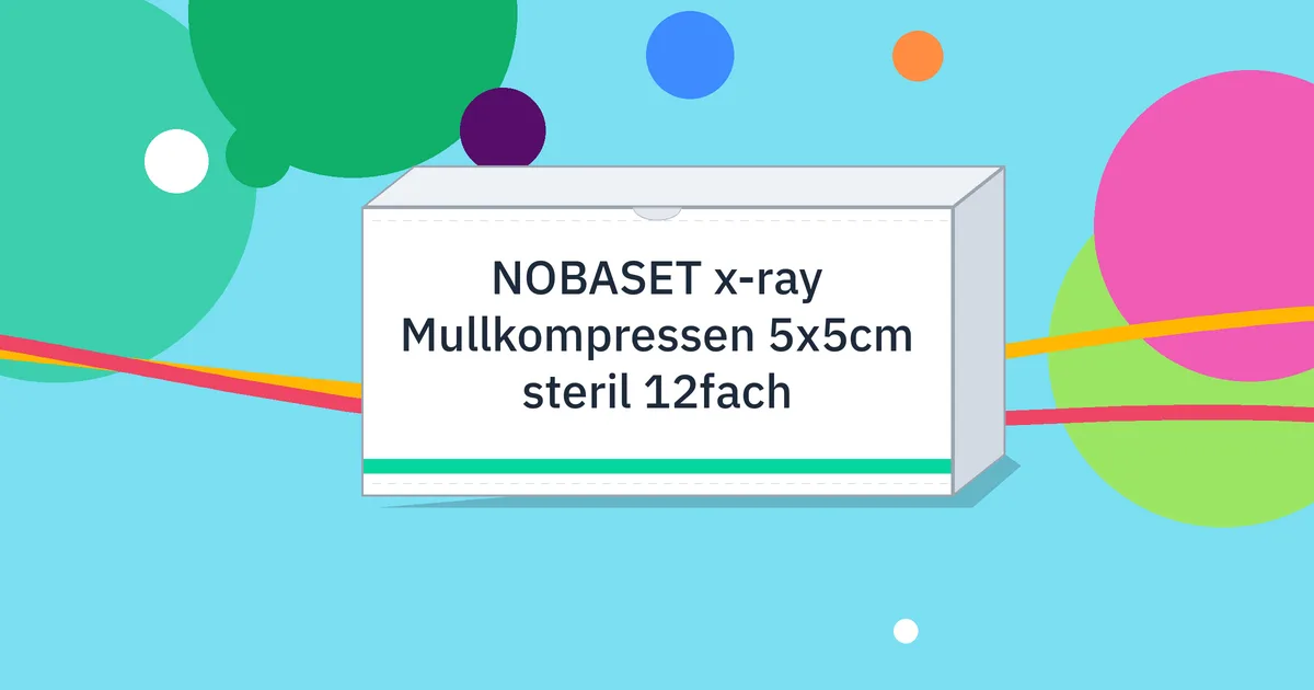 Symbolbild: Packung mit der Aufschrift NOBASET x-ray Mullkompressen 5x5cm steril 12fach (PZN 18307041) – Verfügbarkeit und Bezug in Apotheken in Frankfurt am Main