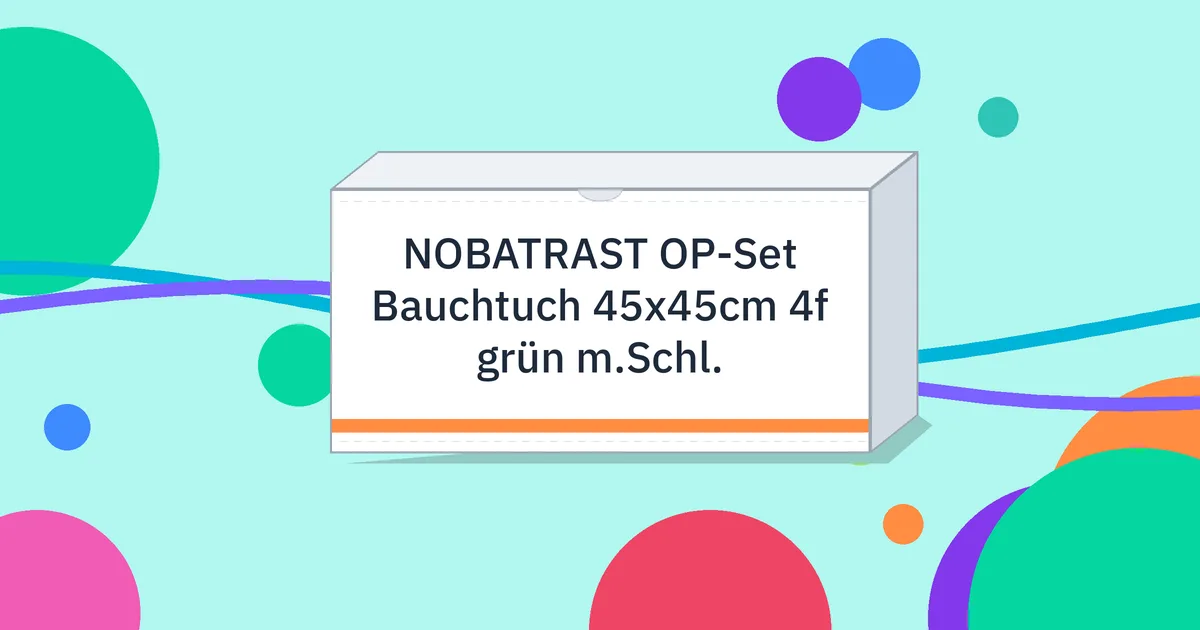Symbolbild: Packung mit der Aufschrift NOBATRAST OP-Set Bauchtuch 45x45cm 4f grün m.Schl. (PZN 18104438) – Verfügbarkeit und Bezug in Apotheken in Frankfurt am Main