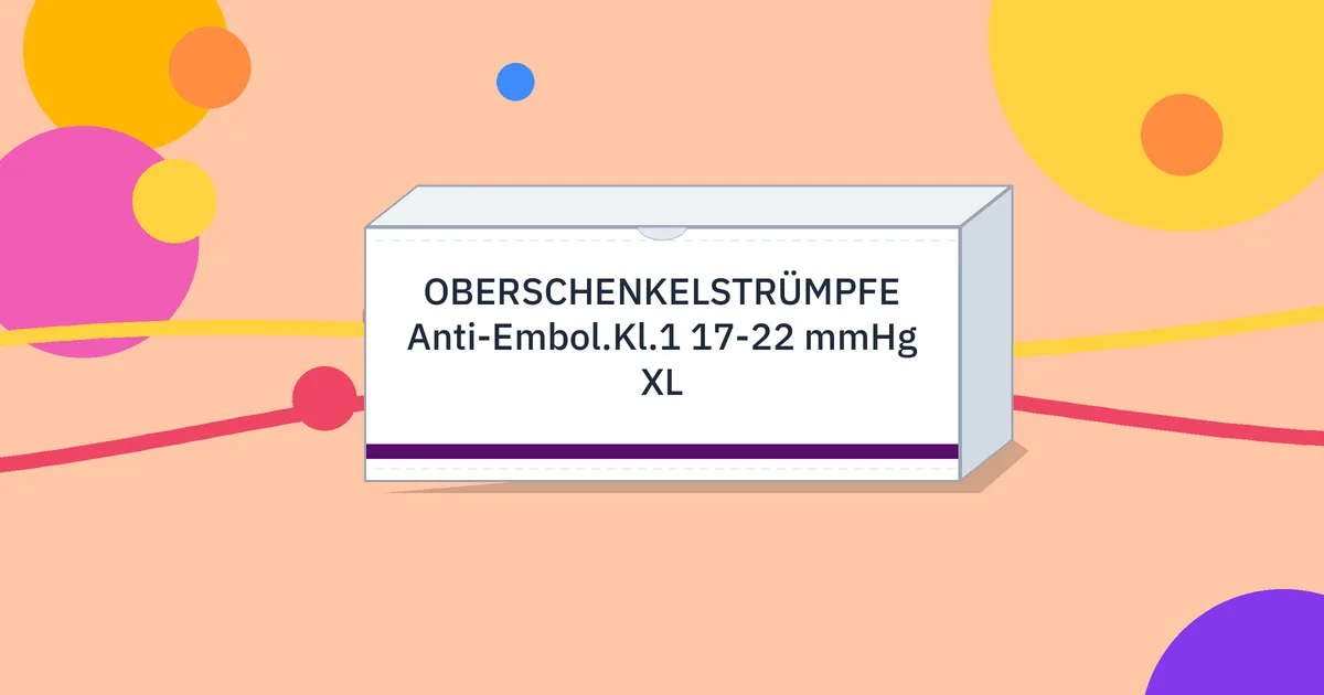 Symbolbild: Packung mit der Aufschrift OBERSCHENKELSTRÜMPFE Anti-Embol.Kl.1 17-22 mmHg XL (PZN 19072717) – Verfügbarkeit und Bezug in Apotheken in Frankfurt am Main