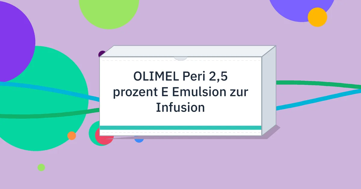 Symbolbild: Packung mit der Aufschrift OLIMEL Peri 2,5 prozent E Emulsion zur Infusion (PZN 05900180) – Verfügbarkeit und Bezug in Apotheken in Frankfurt am Main