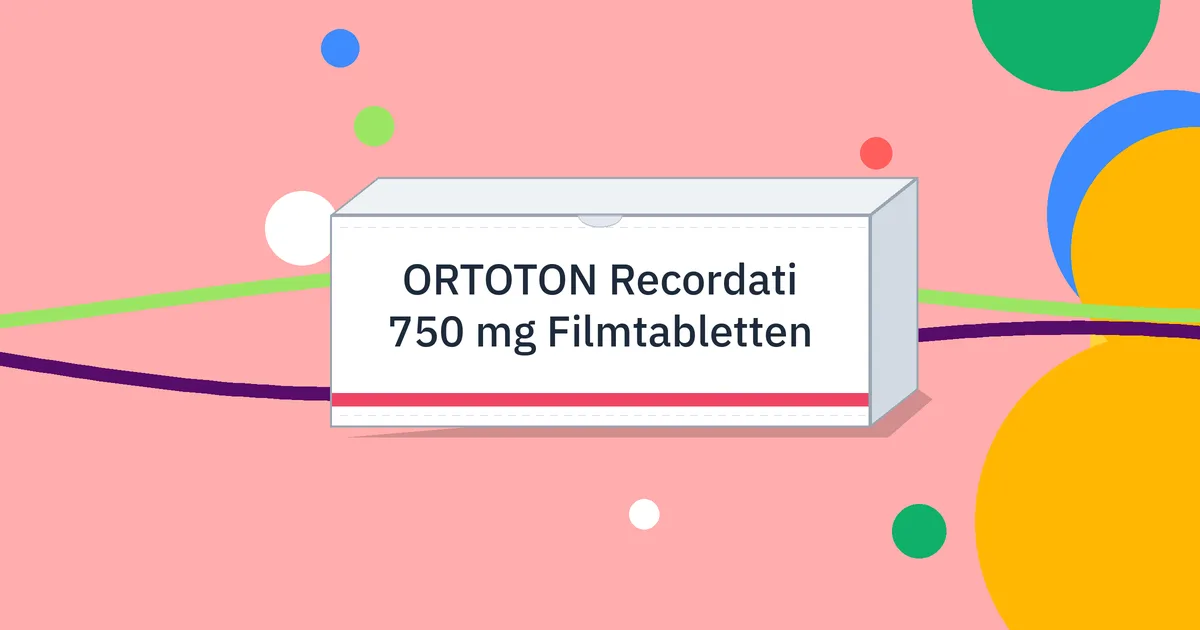 Symbolbild: Packung mit der Aufschrift ORTOTON Recordati 750 mg Filmtabletten (PZN 13914351) – Verfügbarkeit und Bezug in Apotheken in Frankfurt am Main