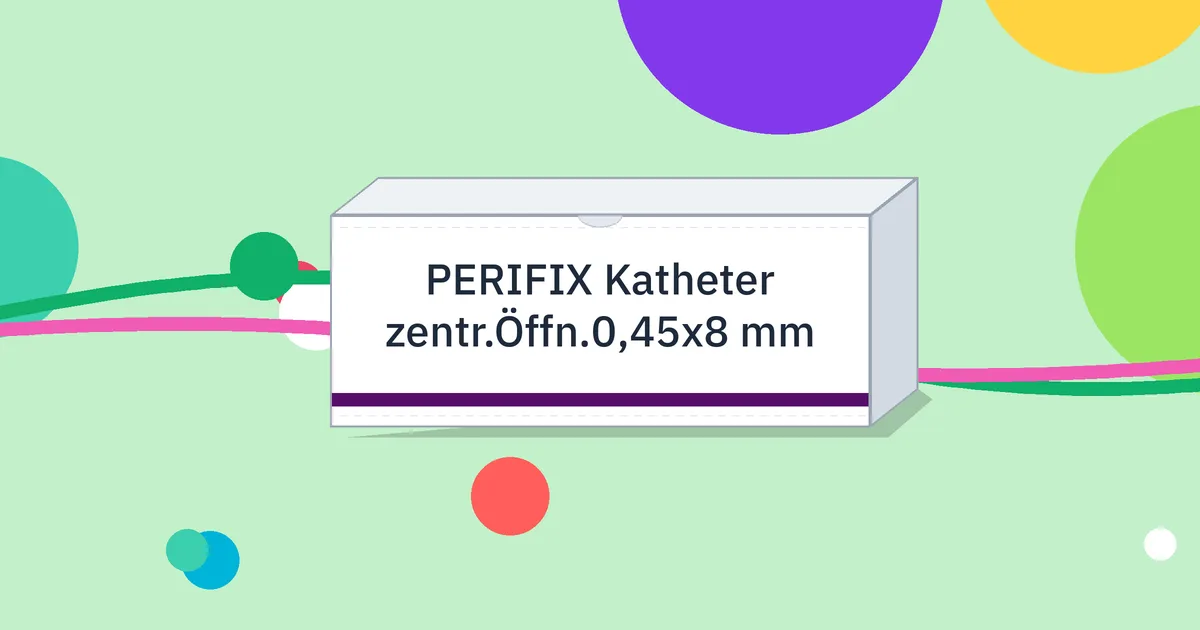 Symbolbild: Packung mit der Aufschrift PERIFIX Katheter zentr.Öffn.0,45x8 mm (PZN 03384834) – Verfügbarkeit und Bezug in Apotheken in Frankfurt am Main