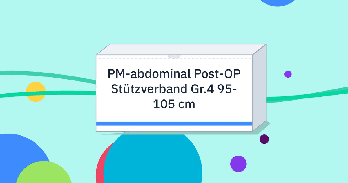 Symbolbild: Packung mit der Aufschrift PM-abdominal Post-OP Stützverband Gr.4 95-105 cm (PZN 18846128) – Verfügbarkeit und Bezug in Apotheken in Frankfurt am Main