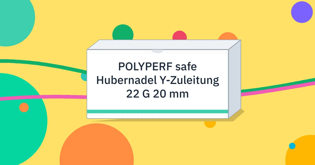 Symbolbild: Packung mit der Aufschrift POLYPERF safe Hubernadel Y-Zuleitung 22 G 20 mm (PZN 18113957) – Verfügbarkeit und Bezug in Apotheken in Frankfurt am Main