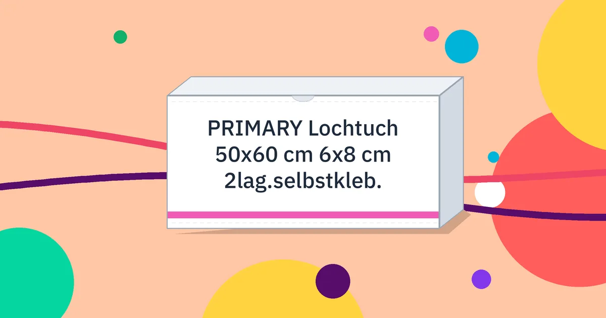 Symbolbild: Packung mit der Aufschrift PRIMARY Lochtuch 50x60 cm 6x8 cm 2lag.selbstkleb. (PZN 20393326) – Verfügbarkeit und Bezug in Apotheken in Frankfurt am Main