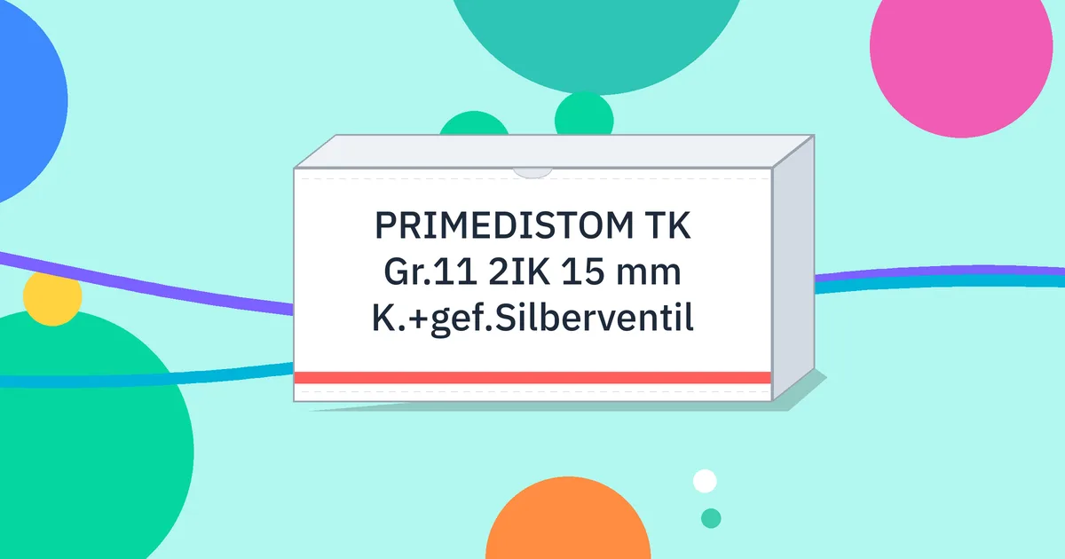 Symbolbild: Packung mit der Aufschrift PRIMEDISTOM TK Gr.11 2IK 15 mm K.+gef.Silberventil (PZN 10230132) – Verfügbarkeit und Bezug in Apotheken in Frankfurt am Main