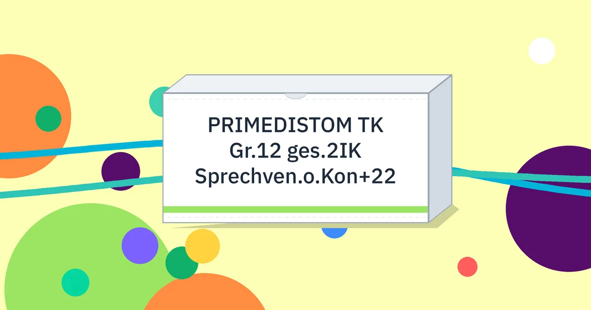 Symbolbild: Packung mit der Aufschrift PRIMEDISTOM TK Gr.12 ges.2IK Sprechven.o.Kon+22 (PZN 10209333) – Verfügbarkeit und Bezug in Apotheken in Frankfurt am Main
