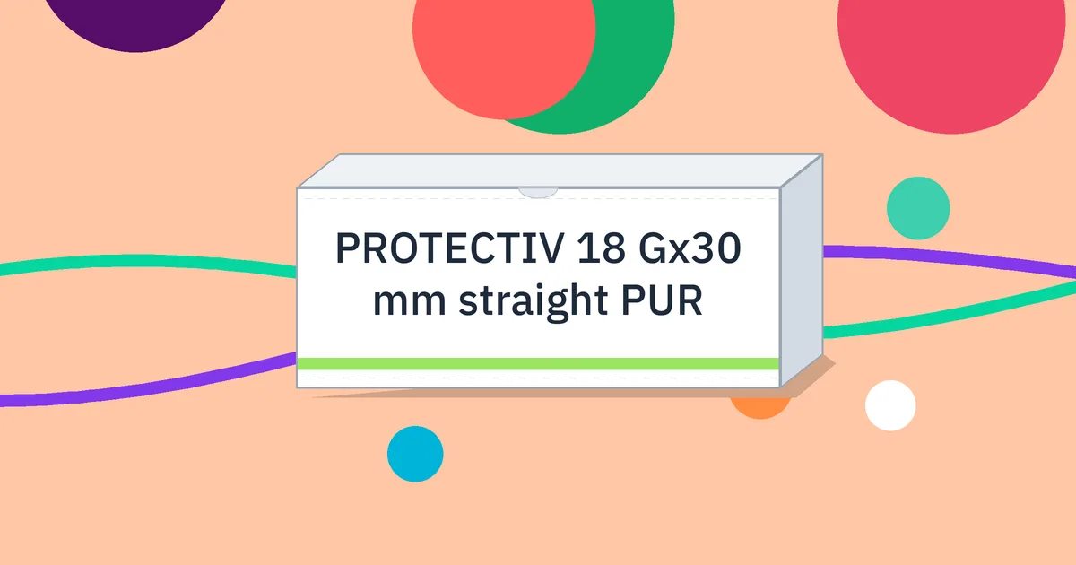 Symbolbild: Packung mit der Aufschrift PROTECTIV 18 Gx30 mm straight PUR (PZN 06447280) – Verfügbarkeit und Bezug in Apotheken in Frankfurt am Main