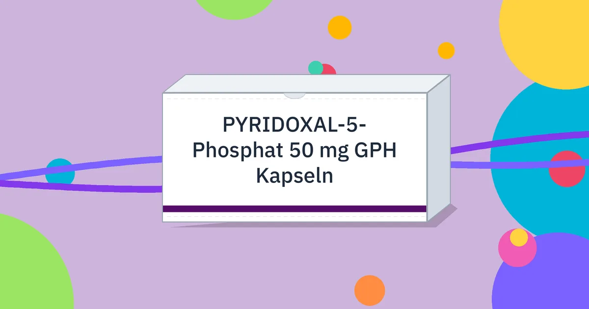 Symbolbild: Packung mit der Aufschrift PYRIDOXAL-5-Phosphat 50 mg GPH Kapseln (PZN 20091252) – Verfügbarkeit und Bezug in Apotheken in Frankfurt am Main