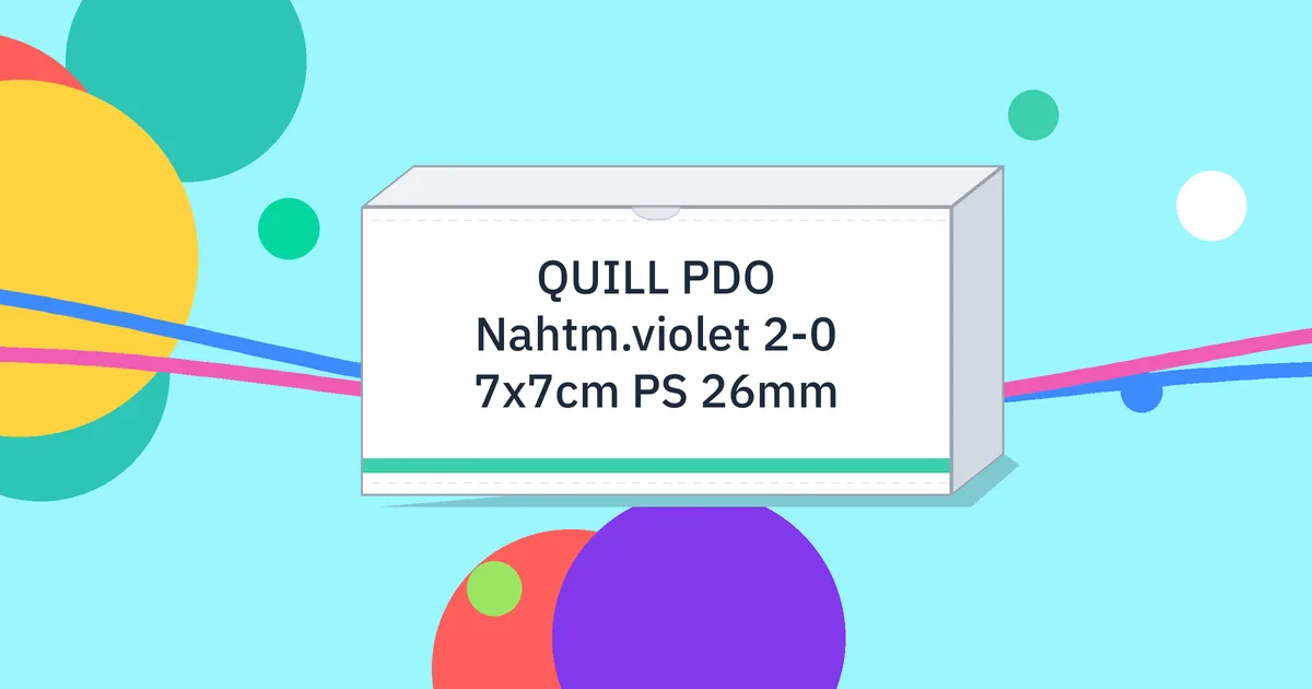 Symbolbild: Packung mit der Aufschrift QUILL PDO Nahtm.violet 2-0 7x7cm PS 26mm (PZN 17989400) – Verfügbarkeit und Bezug in Apotheken in Frankfurt am Main