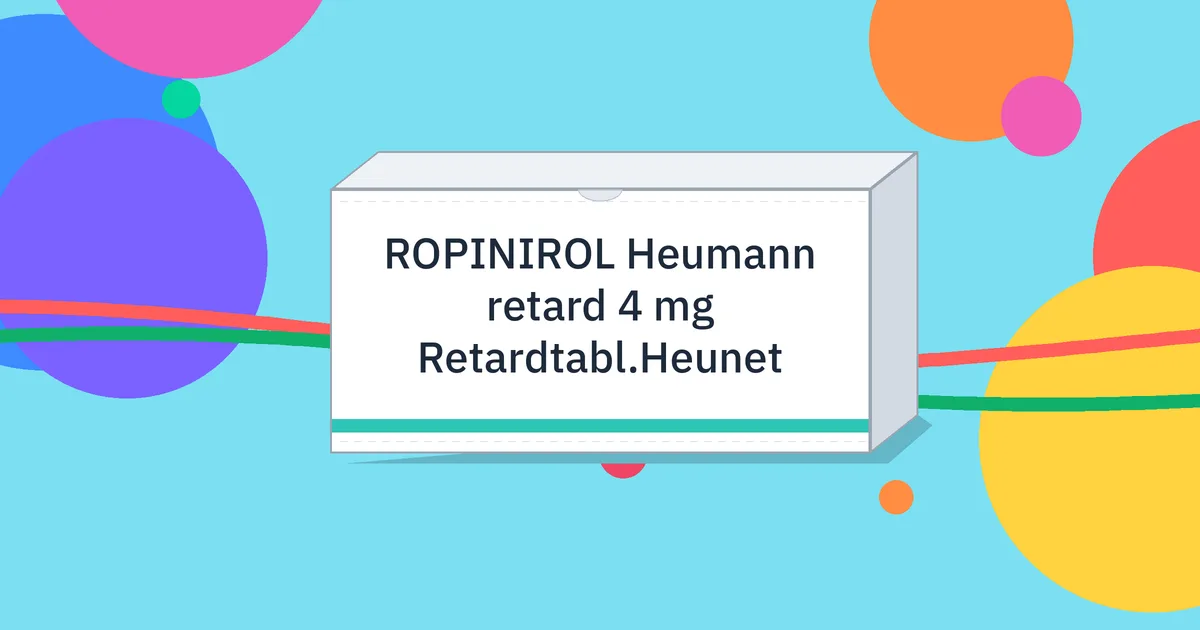 Symbolbild: Packung mit der Aufschrift ROPINIROL Heumann retard 4 mg Retardtabl.Heunet (PZN 16198493) – Verfügbarkeit und Bezug in Apotheken in Frankfurt am Main