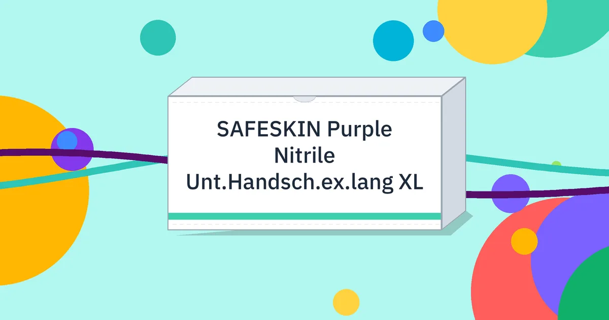Symbolbild: Packung mit der Aufschrift SAFESKIN Purple Nitrile Unt.Handsch.ex.lang XL (PZN 01382096) – Verfügbarkeit und Bezug in Apotheken in Frankfurt am Main