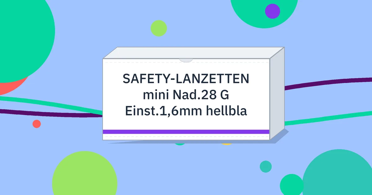 Symbolbild: Packung mit der Aufschrift SAFETY-LANZETTEN mini Nad.28 G Einst.1,6mm hellbla (PZN 20914831) – Verfügbarkeit und Bezug in Apotheken in Frankfurt am Main