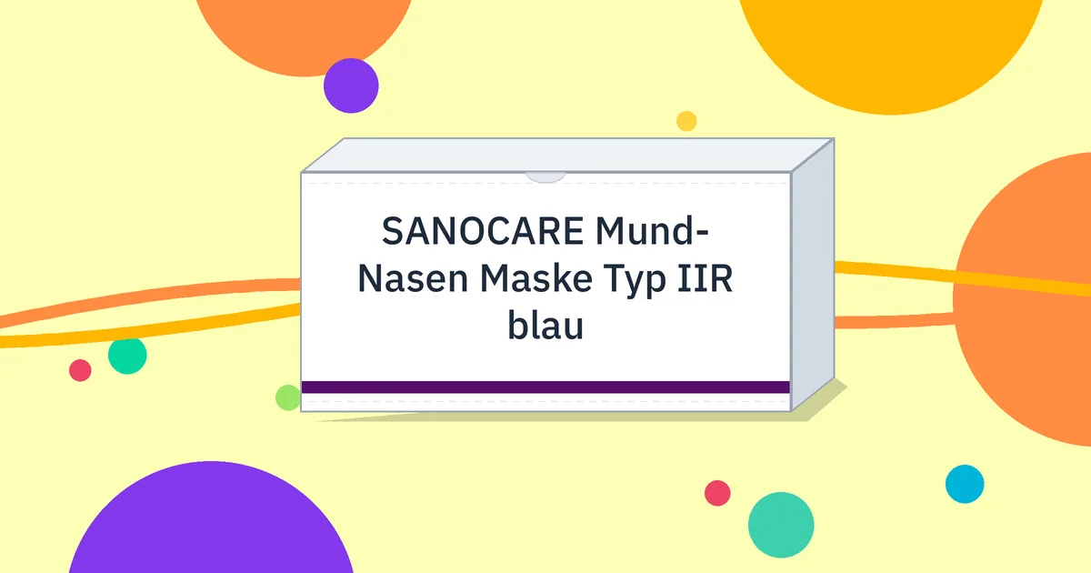 Symbolbild: Packung mit der Aufschrift SANOCARE Mund-Nasen Maske Typ IIR blau (PZN 20897340) – Verfügbarkeit und Bezug in Apotheken in Frankfurt am Main