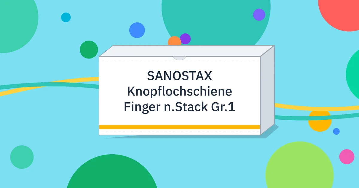 Symbolbild: Packung mit der Aufschrift SANOSTAX Knopflochschiene Finger n.Stack Gr.1 (PZN 15999943) – Verfügbarkeit und Bezug in Apotheken in Frankfurt am Main