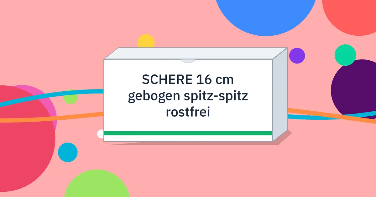 Symbolbild: Packung mit der Aufschrift SCHERE 16 cm gebogen spitz-spitz rostfrei (PZN 12480301) – Verfügbarkeit und Bezug in Apotheken in Frankfurt am Main