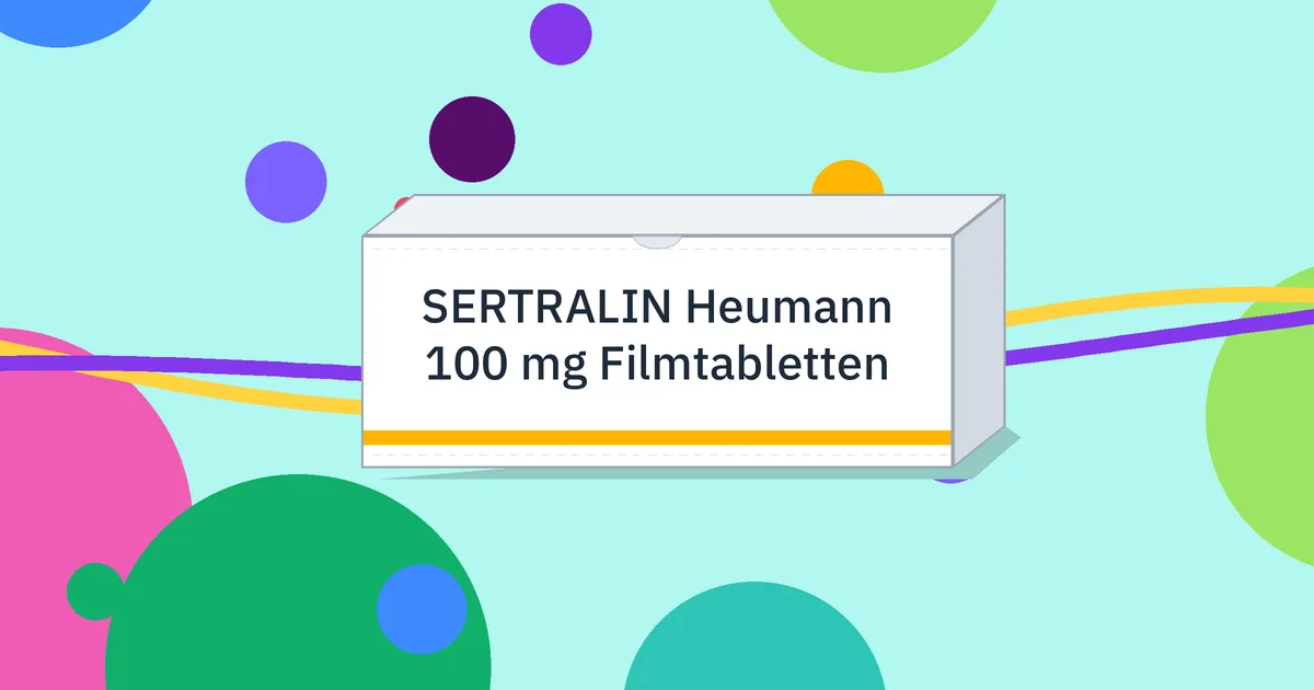 Symbolbild: Packung mit der Aufschrift SERTRALIN Heumann 100 mg Filmtabletten (PZN 03887653) – Verfügbarkeit und Bezug in Apotheken in Frankfurt am Main